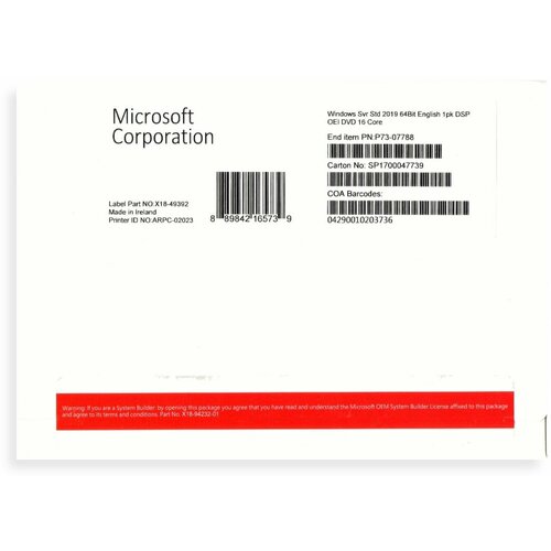 ПО Microsoft Windows Server Standart 2019 English 64bit DVD DSP OEI 16 Core (P73-07788)