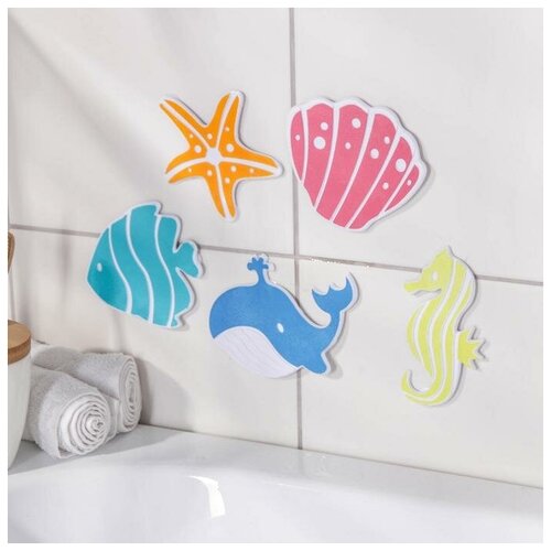 Набор мини-ковриков для ванны на присосках Доляна «Океан», 16×16 см, 5 шт, цвет микс