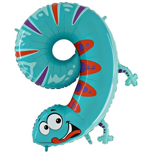Воздушный фольгированный шар "Цифра 9", в форме ящерицы, 1 шт, 102 см