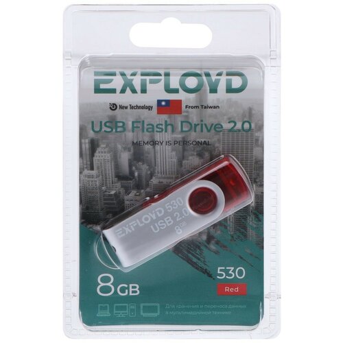 Флешка Exployd 530, 8 Гб, USB2.0, чт до 15 Мб/с, зап до 8 Мб/с, красная