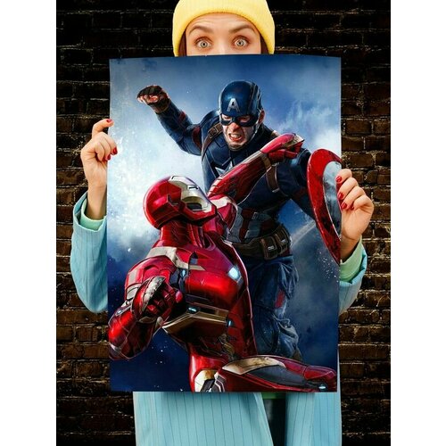 Постер интерьерный Первый мститель Противостояние, 70х46 см. Матовый яркий. Железный человек Капитан Америка Мстители The Avengers