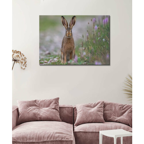 Картина - Заяц, зайцы, зайчонок, зайка, ушастый заяц, пушистый заяц, заяц в лесу, заяц с цветами, заяц в поле (3) 60х80
