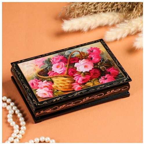 Шкатулка «Розовые цветы в корзинке», 11×16 см, лаковая миниатюра