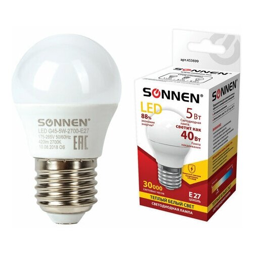 Лампа светодиодная SONNEN 5 (40) Вт цоколь E27 шар теплый белый свет 30000 ч LED G45-5W-2700-E27, 5 шт