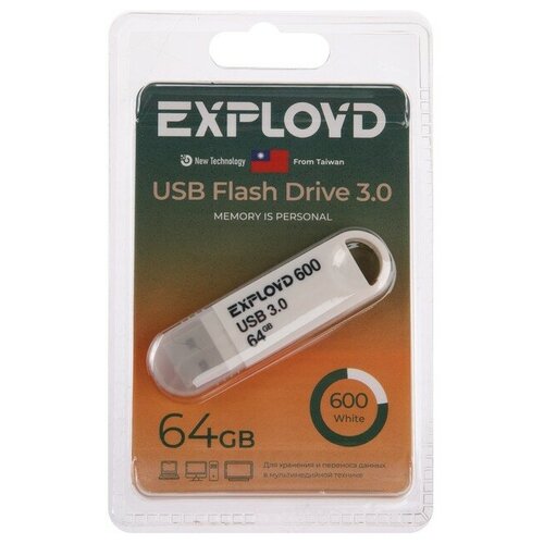 Флешка Exployd 600, 64 Гб, USB3.0, чт до 70 Мб/с, зап до 20 Мб/с, белая