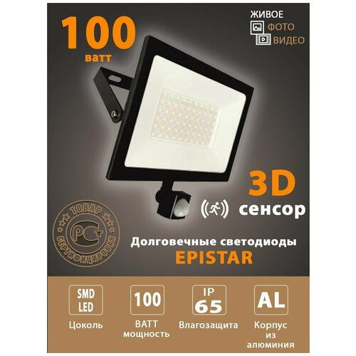 Прожектор с датчиком движения, уличный светильник светодиодный LE LED FL IR BLACK IP65 холодный белый