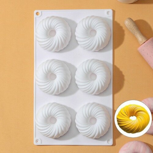 Форма силиконовая для муссовых десертов и выпечки Доляна «Вихрь», 29,8×17,5×3 см, 6 ячеек, d=7,7 см, цвет микс
