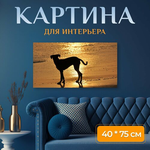 Картина на холсте "Собака, заход солнца, пляж" на подрамнике 75х40 см. для интерьера