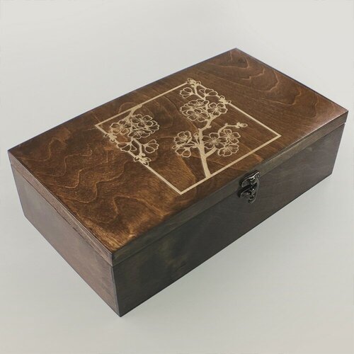 Коробка для чайных пакетиков из дерева, чайница большая, 4 отделения с узором пейзаж сакура - 1029