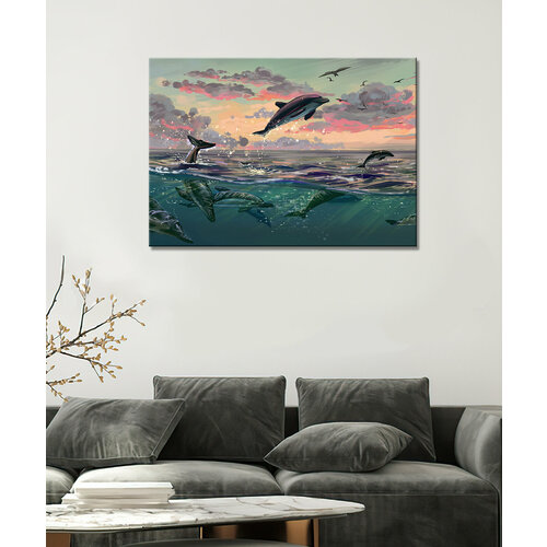 Картина - дельфин, дельфины арт, прыгающие дельфины, дельфины в море, закат (32) 50х70
