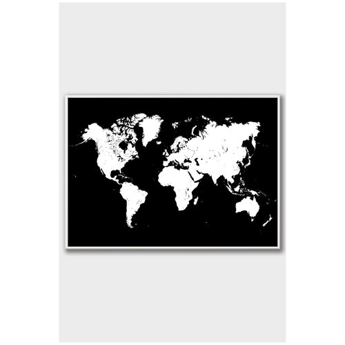 Постер на стену для интерьера Postermarkt Карта мира черно белая, постер в белой рамке 30х40 см, постеры картины для интерьера в белой рамке