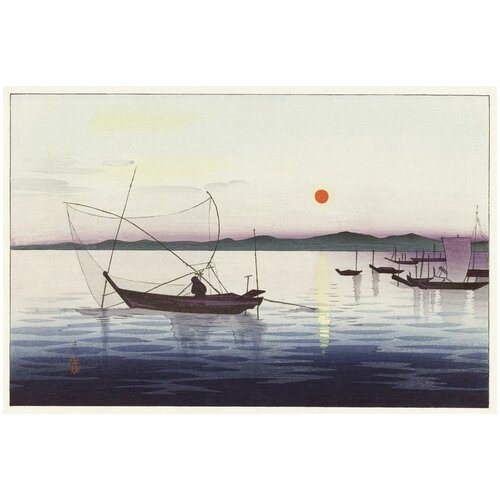 Постер / Плакат / Картина Лодки и заходящее солнце - Охара Косон 50х70 см в подарочном тубусе