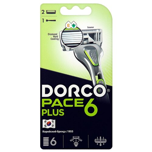 Многоразовый бритвенный станок Dorco Pace 6 Plus, серебристый/зеленый, 1 шт.