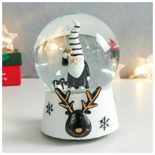 Стеклянный шар музыка Дед Мороз в полосатом колпаке 11,5х11,5х14 см