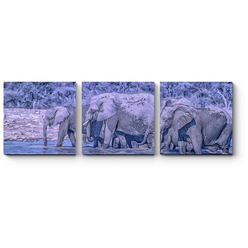 Модульная картина Африканские слоны на водопое 100x33