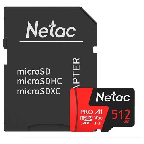 Карта памяти Netac microSDXC 512 ГБ Class 10, V30, A1, UHS Class 3, R 100 МБ/с, адаптер на SD, черный/красный