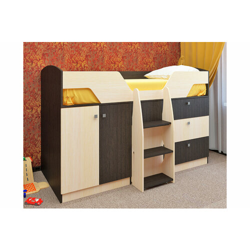 Кровать чердак детская "Лимбо" с ящиками, шкафом, выдвижным столиком, лестницей