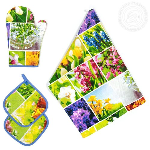 Подарочный набор для кухни №1 "Первоцветы" АртПостель, рогожка: полотенце+варежка+прихватки