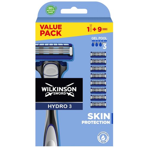 Wilkinson Sword / SCHICK Hydro 3 Skin Protection Regular / Бритвенный мужской станок с 9 сменными кассетами.