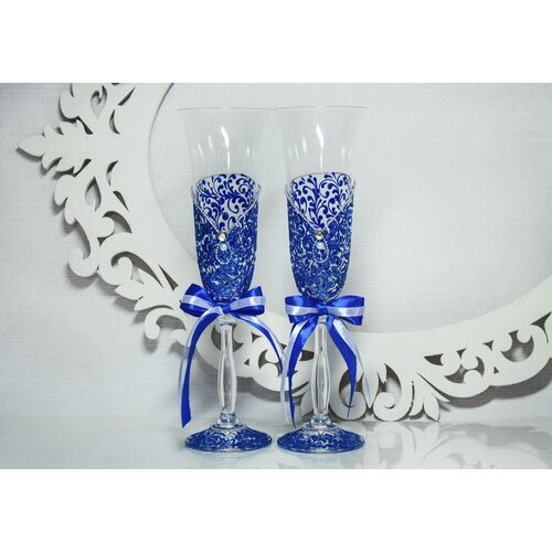 Набор свадебных бокалов "Ажурный воротник" (Angela) - 2 шт, богемское стекло, в синем оформлении