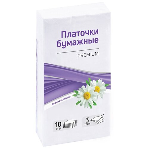 Платочки OfficeClean Premium трехслойные, аромат ромашки, 10 листов, 10 пачек