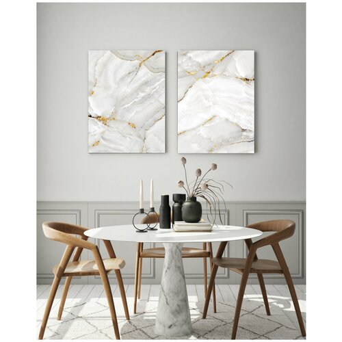 Набор из 2 интерьерных картин на холсте / 50х70 / Абстракция "Бело-золотой мрамор" / Модульная картина / в кухню / в спальню / в гостиную / на стену