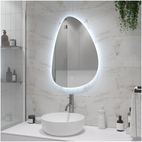 Зеркало парящее для ванной без рамы дизайнерское 70х46 см с холодной подсветкой LED и сенсор с диммером