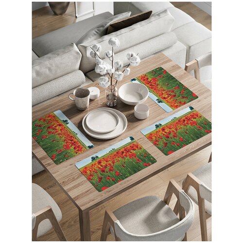 Комплект тканевых салфеток, плейсматов с рисунком JoyArty "Маковое поле" для сервировки стола, подарочный набор 46x30 см, 4шт.