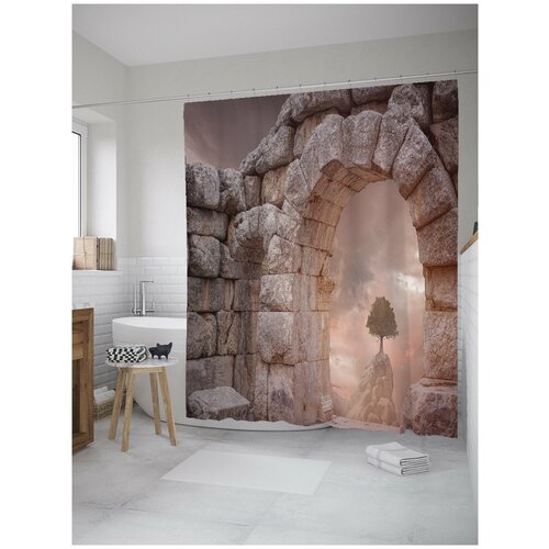 Штора водоотталкивающая для ванной, занавеска в ванную комнату тканевая JoyArty "Каменная арка", 180х200 см