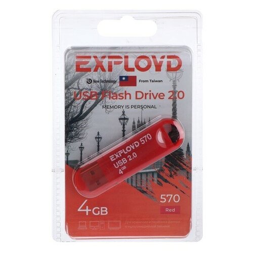 Флешка Exployd 570, 4 Гб, USB2.0, чт до 15 Мб/с, зап до 8 Мб/с, красная