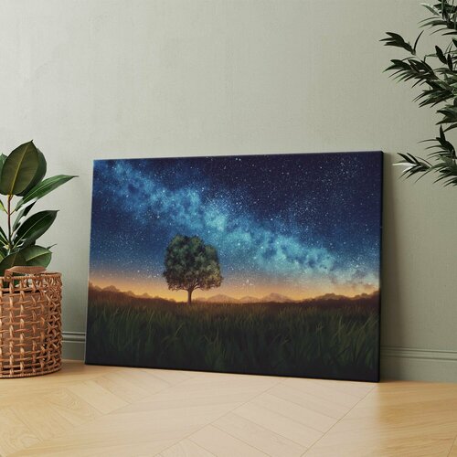 Картина на холсте (Звездное небо в поле природа ночь звезды, млечный путь) 40x60 см. Интерьерная, на стену.