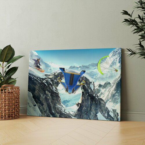 Картина на холсте "Человек летит по воздуху во время катания на сноуборде" 20x30 см. Интерьерная, на стену.