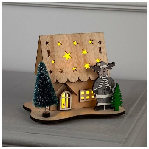 Светодиодная фигура 'Дом с оленем' 11 х 15 х 3 см, дерево, батарейки LR41х3, свечение теплое белое
