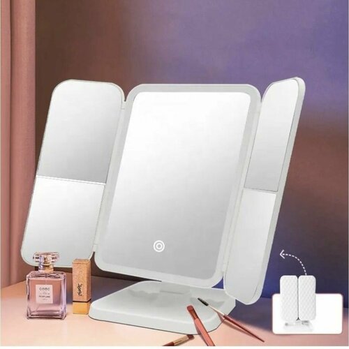 Зеркало косметическое настольное складное с подсветкой и увеличением для макияжа. белое.