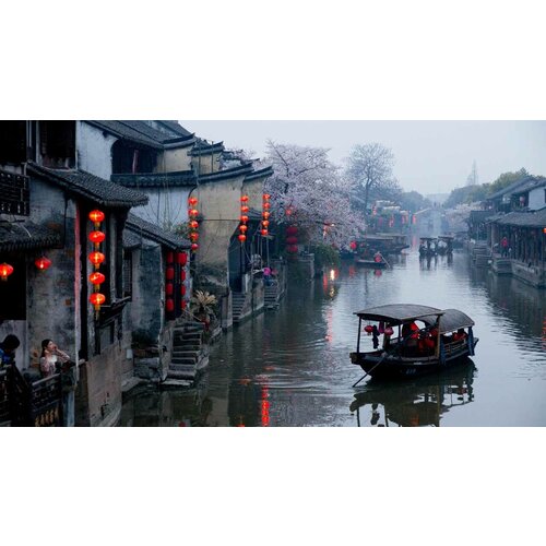 Картина на холсте 60x110 LinxOne "Река город китай" интерьерная для дома / на стену / на кухню / с подрамником