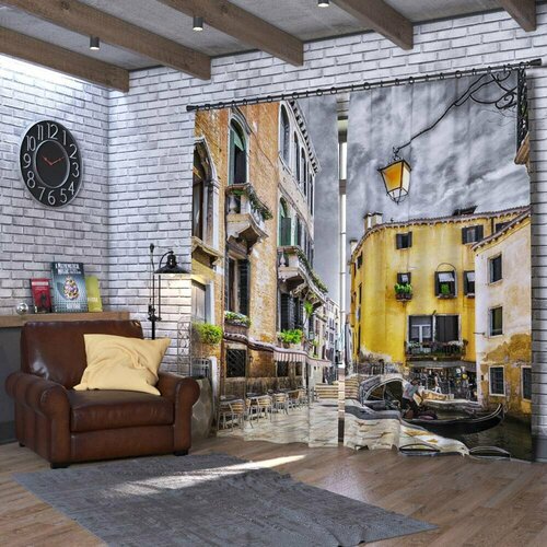 Фотошторы Узкий канал среди старых красочных кирпичных домов в Венеции Ш150xВ290 см. 2шт. Атлас на тесьме