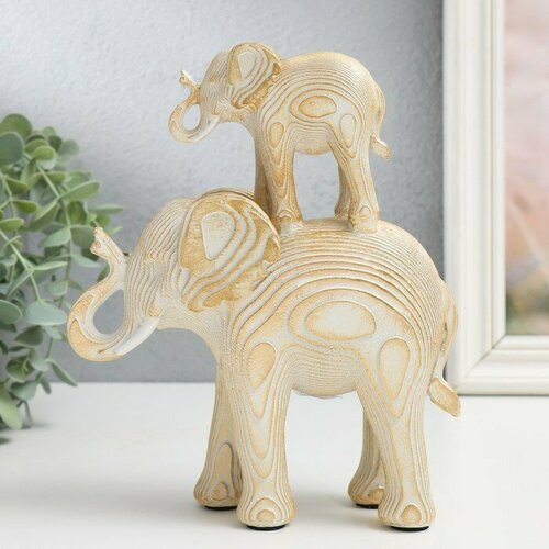 Сувенир полистоун "Белый слон со слонёнком на спине, с золотом - слои" 16х7х19,5 см