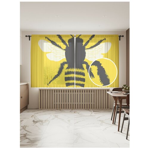 Тюль, фототюль короткий JoyArty "Силуэт пчелы" высота 180 см, ширина 145 см (2 полотна) на шторной ленте, крючки в комплекте