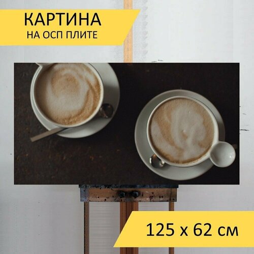 Картина на ОСП 125х62 см. "Кофе, капучино, латте" горизонтальная, для интерьера, с креплениями