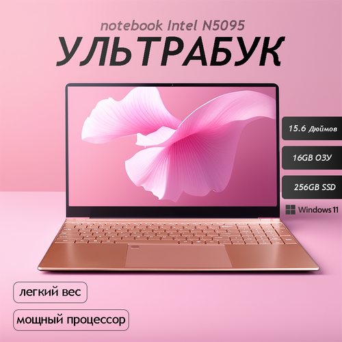 15.6" Ноутбук для работы и учебы, Notebook, RAM 16 ГБ, SSD 256, IPS Full HD 1920x1080, Intel N5095, Windows 11 pro, цвет Розовый, русская раскладка