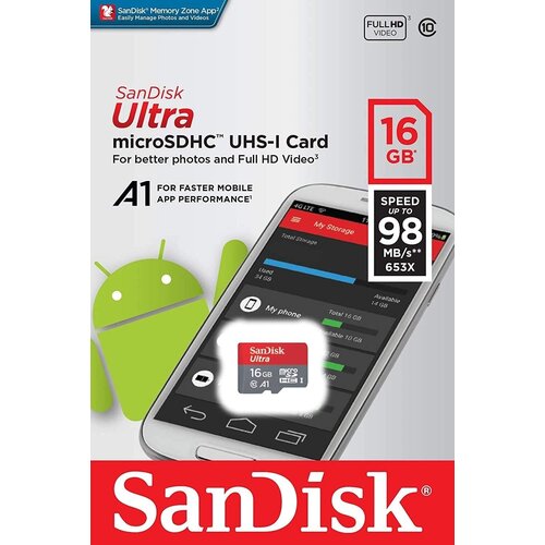 Micro SD 16GB SanDisk microSDHC Class 10 Ultra UHS-I A1 100MB/s SDSQUAR-016G-GN6MN