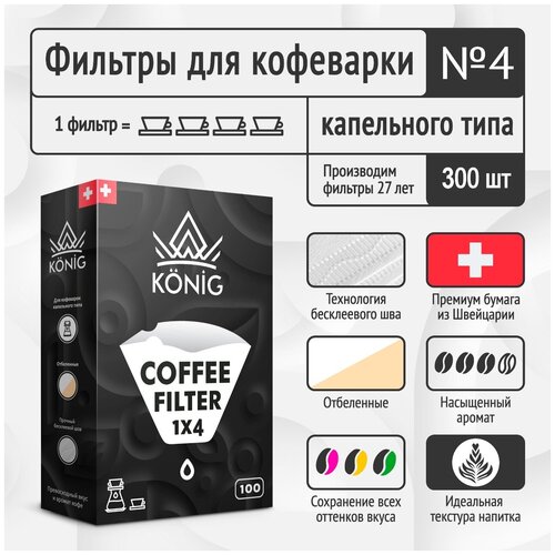 Фильтры бумажные для кофе, кофеварок, кофемашин белые KONIG №4 300 шт.