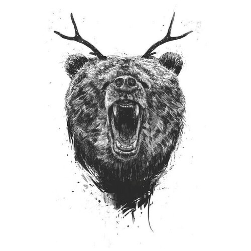 Интерьерный постер на стену в подарок "Angry bear with antlers" размера 50х70 см 500*700 мм в черной раме для декора комнаты, офиса или дома