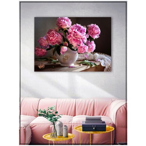 Картина для интерьера на натуральном хлопковом холсте "Пионы в вазе", 38*55см, холст на подрамнике, картина в подарок для дома