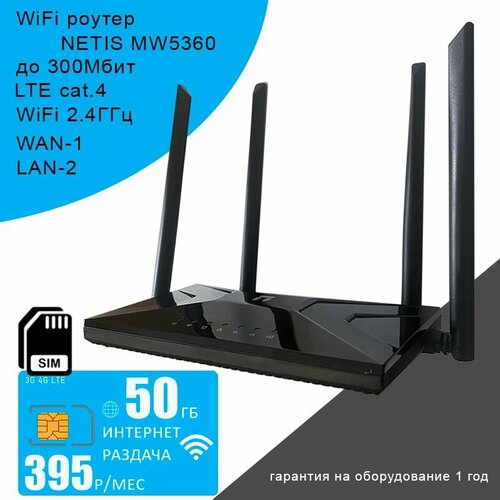 WiFi роутер NETIS MW5360 + сим карта с интернетом и раздачей 50ГБ за 395р/мес