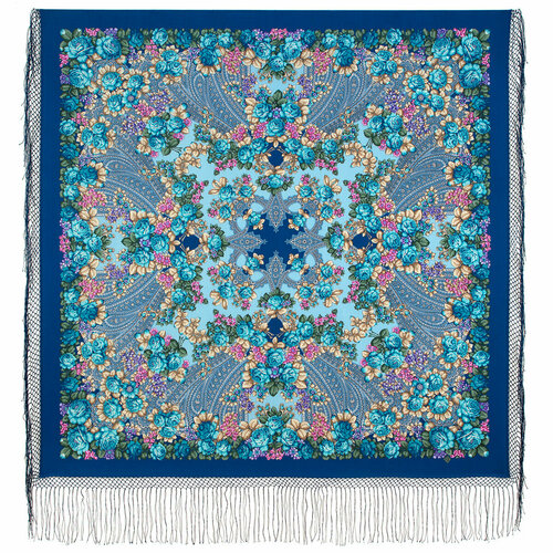 Платок Павловопосадская платочная мануфактура,148х148 см, фиолетовый, голубой