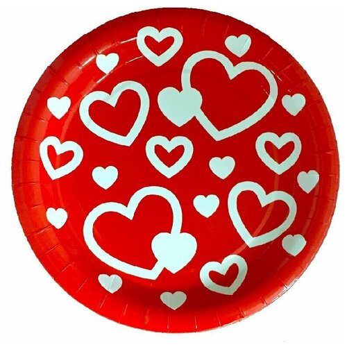 Тарелка бумажная Красная с сердцами, 17 см, 6 шт.