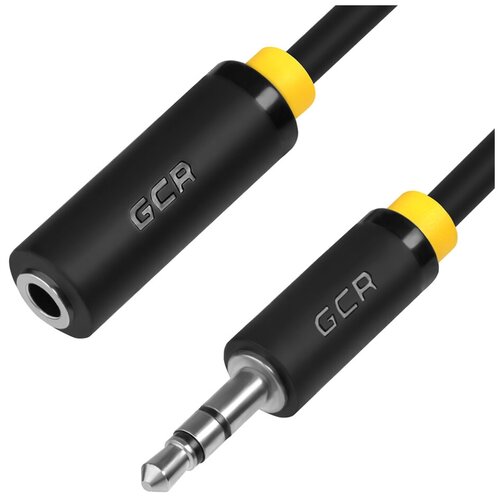GCR Удлинитель аудио 15.0m jack 3,5mm/jack 3,5mm черный, желтая окантовка, ультрагибкий, M/F, Premium, экран, стерео