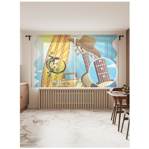 Тюль для кухни и спальни JoyArty "Отдых Томаса", 2 полотна со шторной лентой шириной по 145 см, высота 180 см.