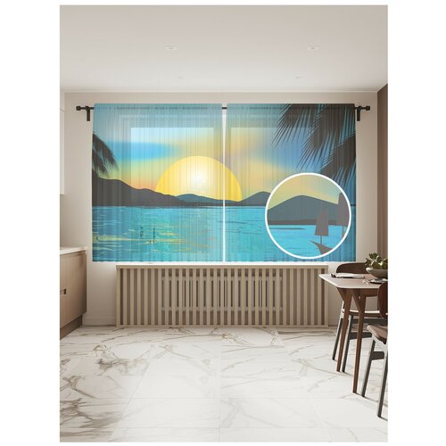 Тюль, фототюль короткий JoyArty "Тропический закат" высота 180 см, ширина 145 см (2 полотна) на шторной ленте, крючки в комплекте